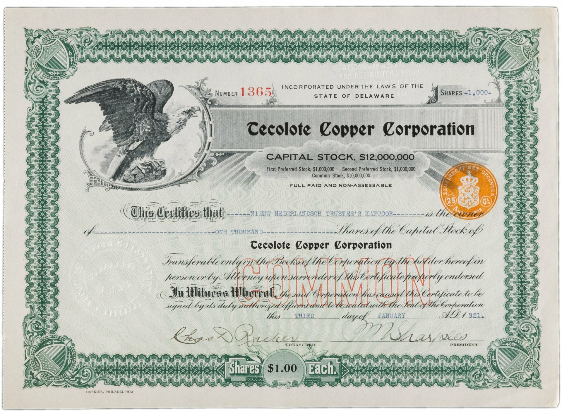 Акция США Tecolote Copper Corporation 1921