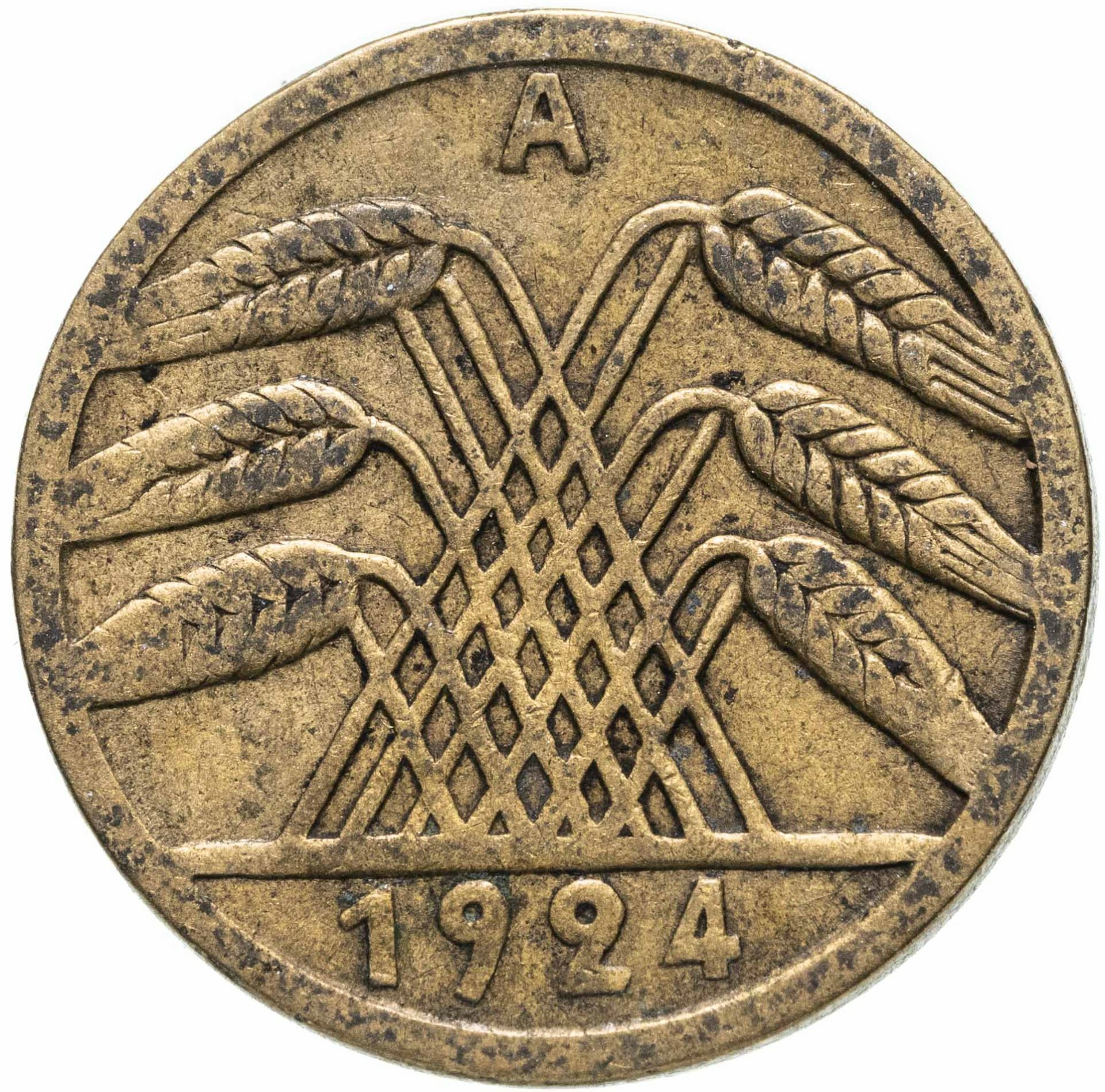 Германия 5 пфеннигов рентенпфеннигов, rentenpfennig 1924 A знак монетного двора "A" — Берлин, Бронза, в сохранности VF-XF
