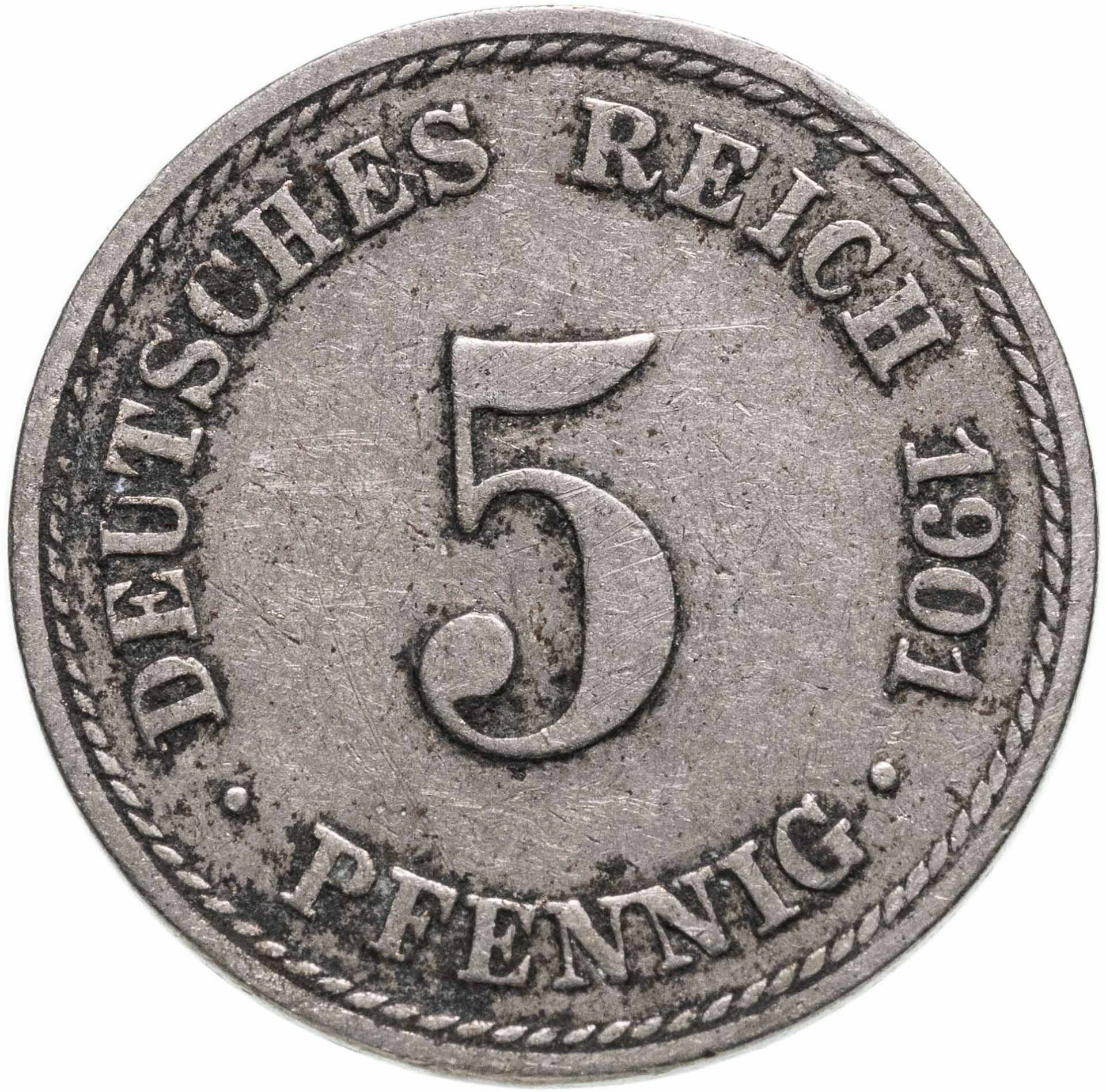 Германия 5 пфеннигов pfennig 1901 знак монетного двора: "A" - Берлин, Никель, в сохранности VF