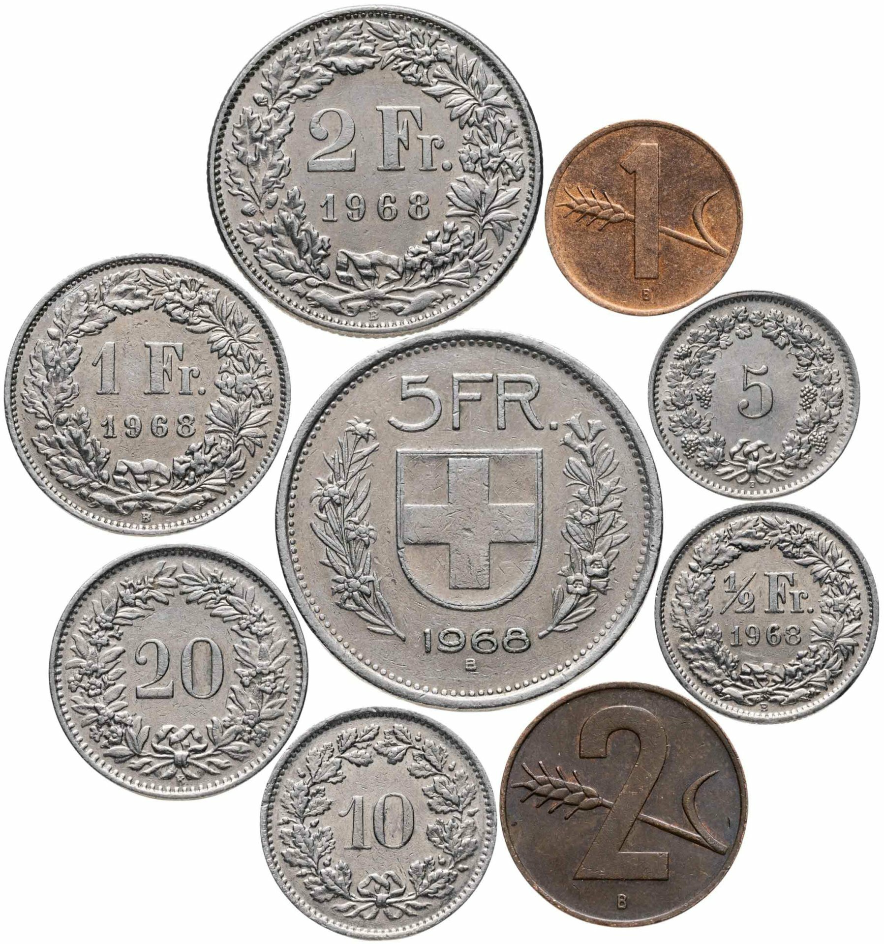 Швейцария набор монет 1968-1970 9 шт, Бронза, Мельхиор, в сохранности VF-XF