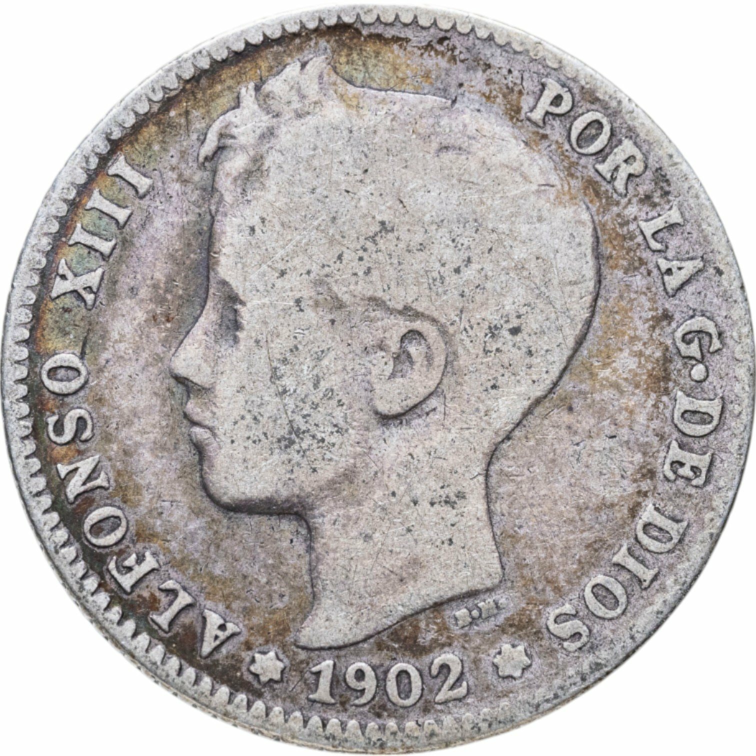 Испания 1 песета peseta 1902, Серебро 835, в сохранности VF