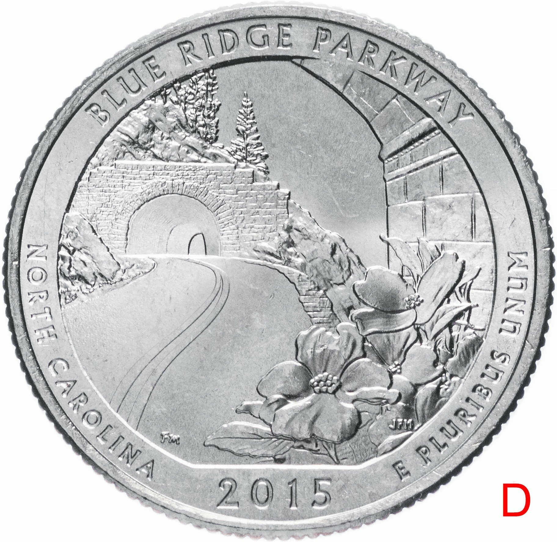 США 1/4 доллара 25 центов, квотер 2015 D — "Автодорога Блю-Ридж" 28-й парк, Мельхиор медь-никель, в сохранности UNC