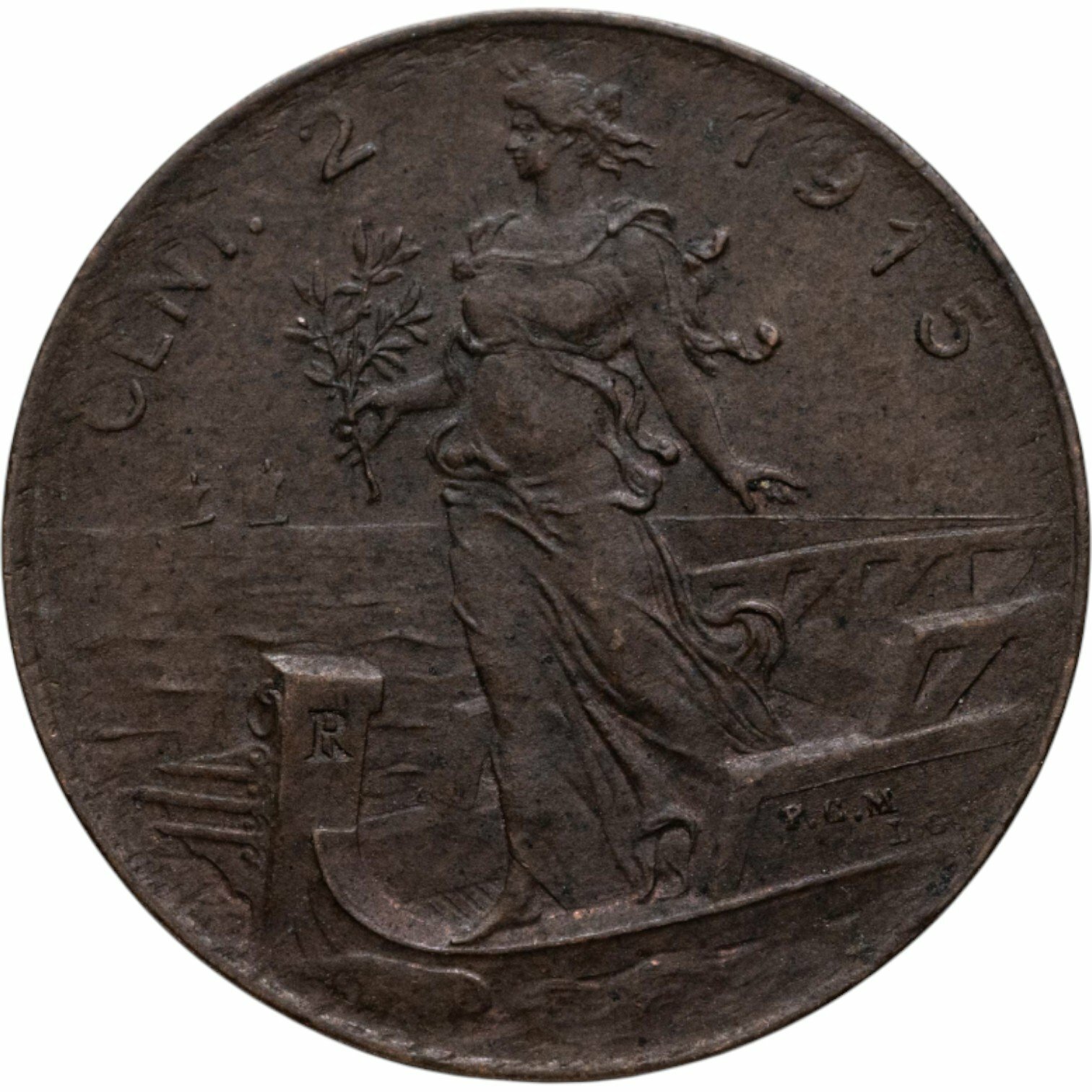 Италия 2 чентезимо centesimi 1915, Бронза, в сохранности XF
