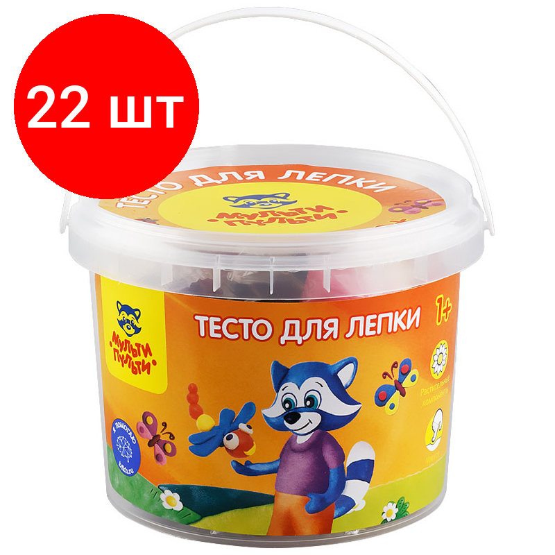 Комплект 22 шт, Тесто для лепки Мульти-Пульти "Енот в деревне", 12 цветов*30г, пластиковое ведро
