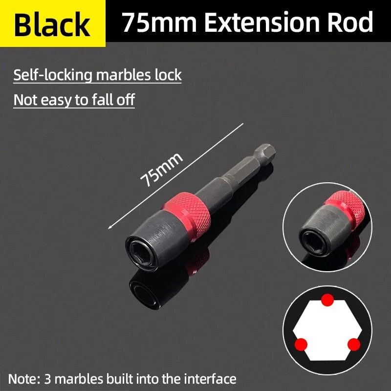 Держатель для бит, удлинитель для бит, адаптер для бит с фиксатором, 1/4" шестигранный хвостовик, 75 мм, 1 шт.