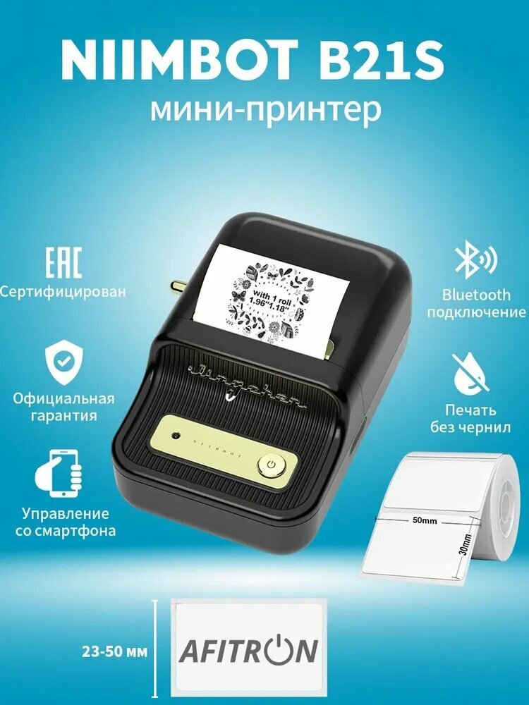NIIMBOT Принтер для наклеек/этикеток термо B21S для печати штрихкодов, цены, стикеров, маркировки, черный, золотой