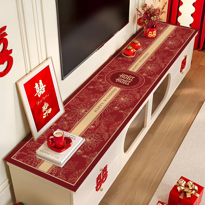Свадебный ТВ-шкаф Скатерть Красная Праздничная Двойное Счастье Персонаж Обувной Шкаф Столешница Кожаный Защитный Коврик Буфет Длинный Скатерть