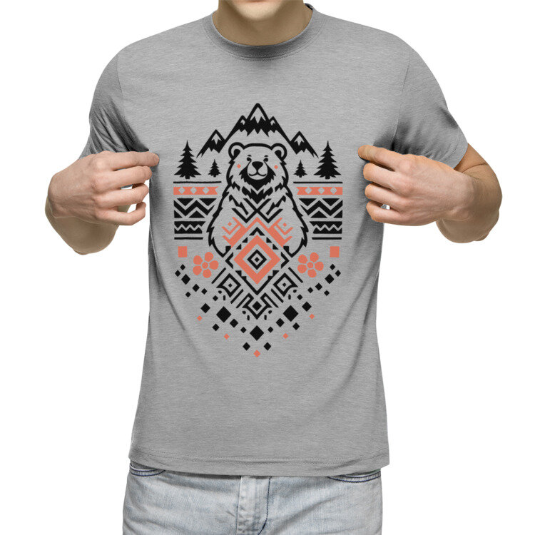 Мужская футболка «Медведь в горах. Славянский, русский узор» (серый меланж, M)