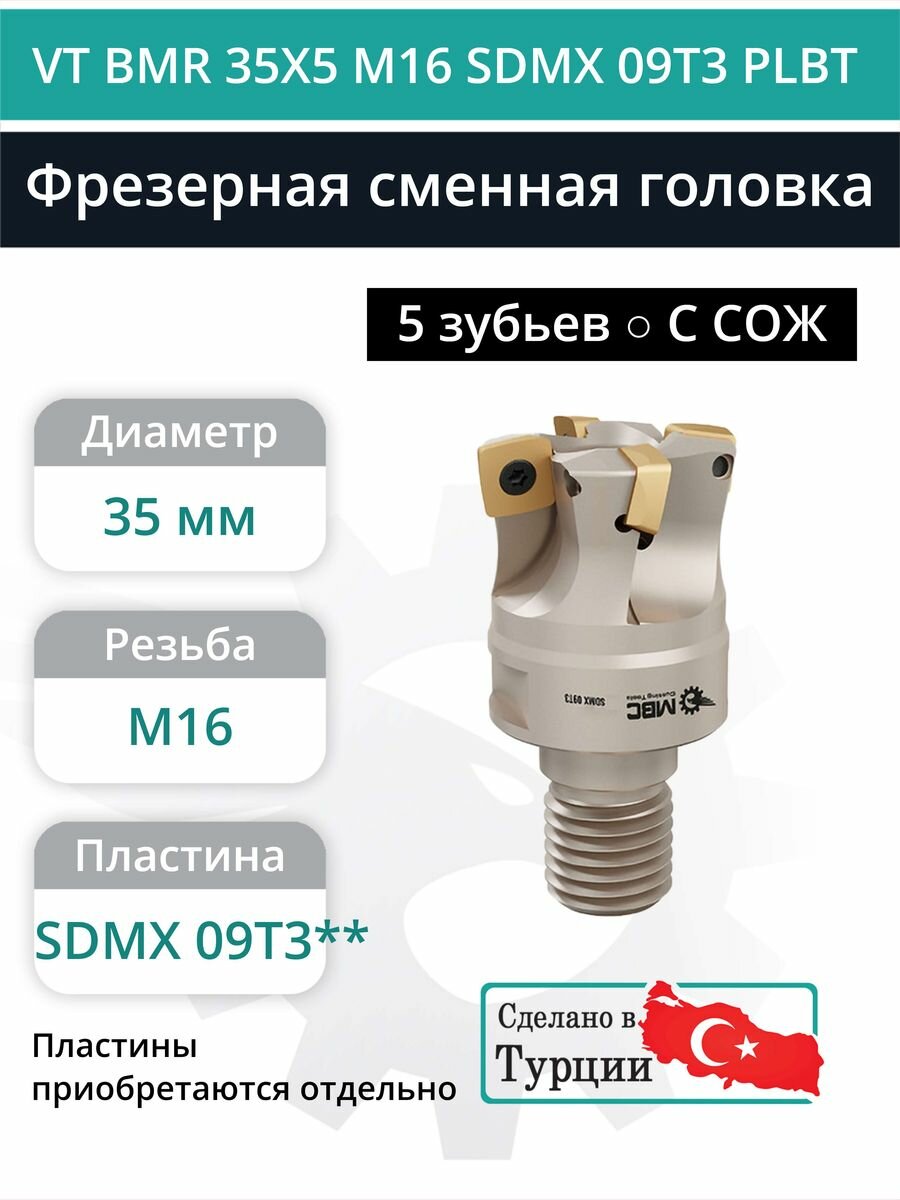 VT BMR 35X5 M16 SDMX 09T3 PLBT фрезерная сменная головка 35 мм с резьбой M16 / с СОЖ