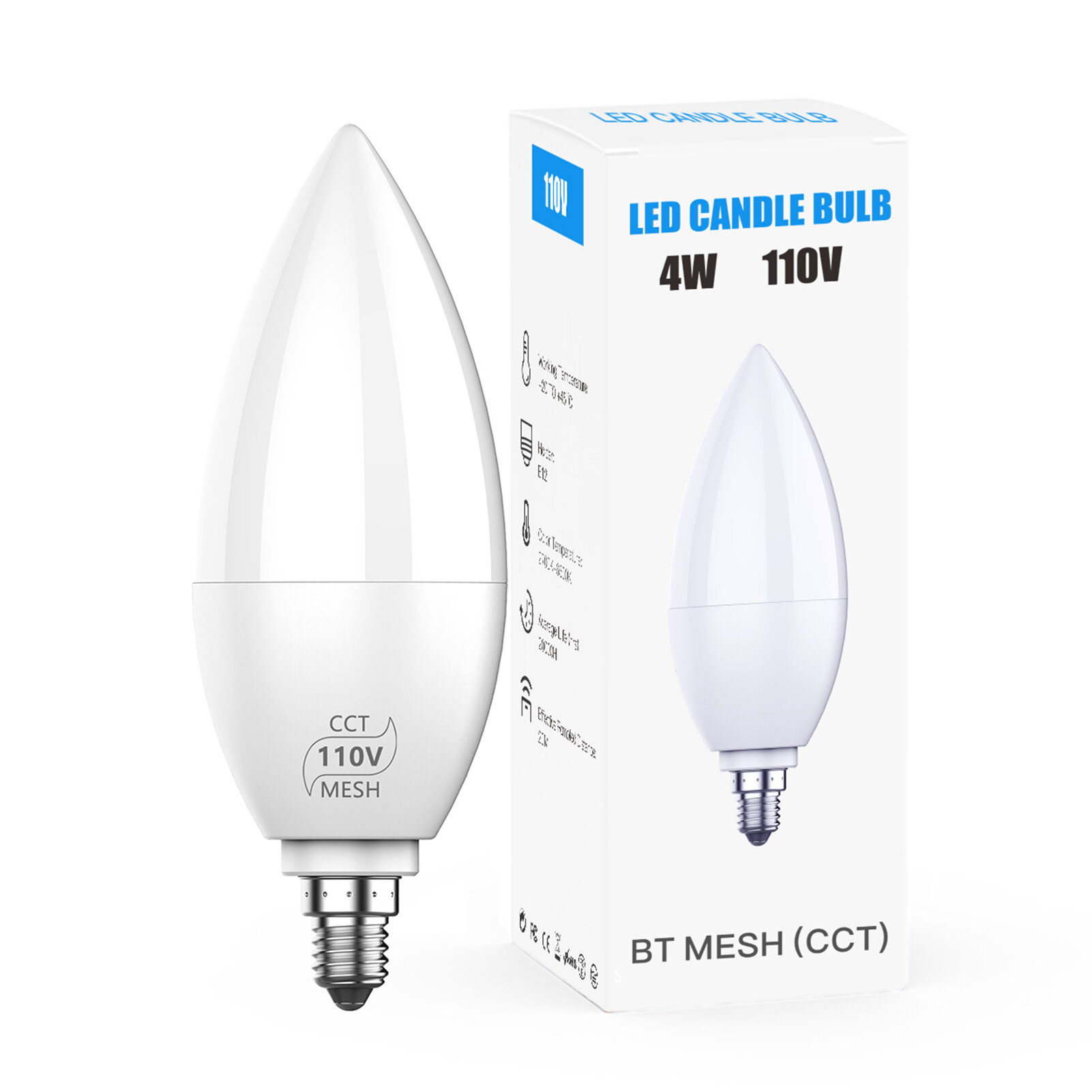 Лампочки LED умные 4W 110V с основанием E12 BT свечные 16 млн цветов регулируемые яркостью 2700-6500K 320LM с функцией таймера управление через приложение и голосом