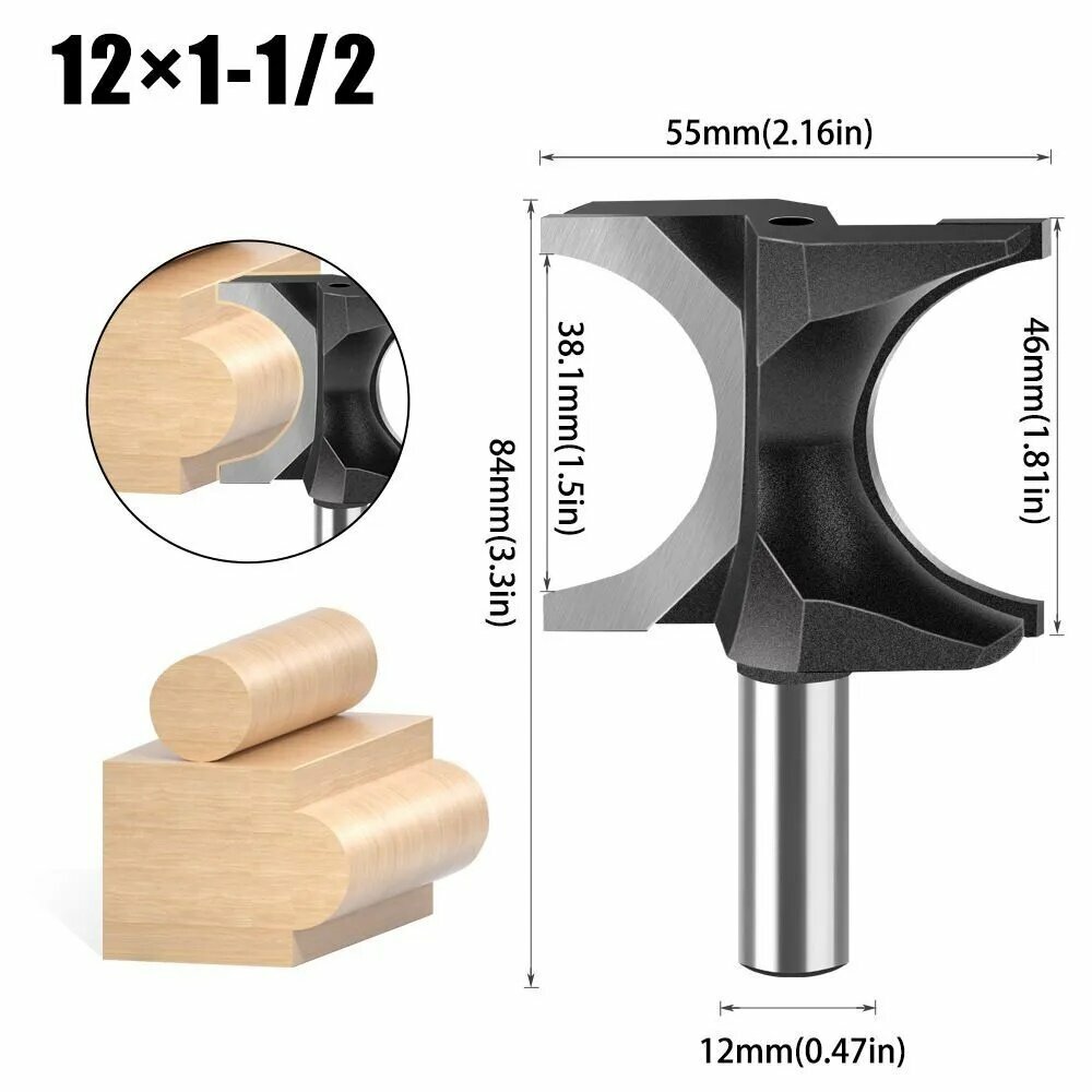 Фреза по дереву кромочная полукруглая 55 х 38.1 мм хвостовик 12 мм твердосплавные вставки