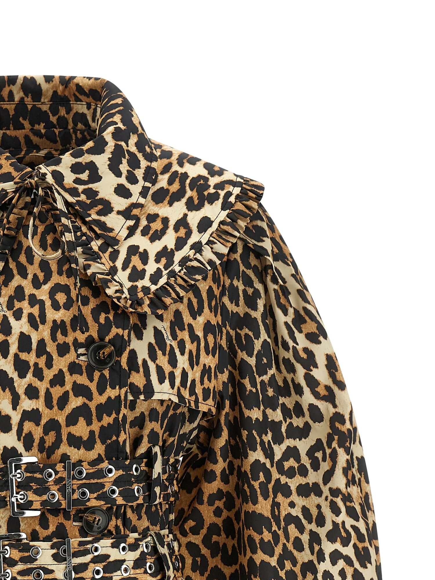 Пальто GANNI Ruffle leopard trench coat, размер 36, коричневый — фото 1