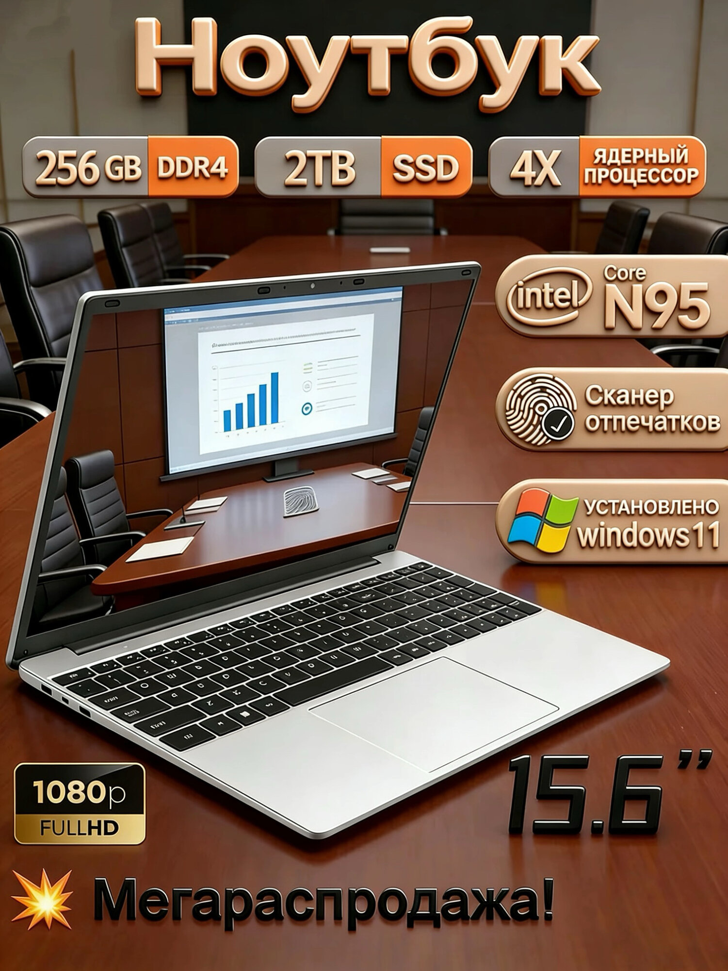 Игровой ноутбукN4000, 15.6", IPS-матрица, 8ГБ /256ГБ , Windows 10，Профессиональный Ноутбук для Всех Задач Серебристый