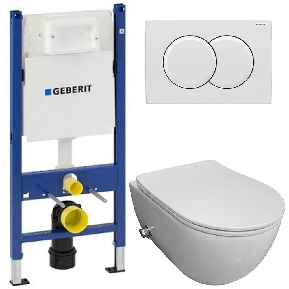 Инсталляция Geberit 111.154.11.1 + кнопка смыва Delta01 115.107.11.1 + унитаз Bloomix Diva MD1211SB/UF3 безободковый с функцией биде и смесителем