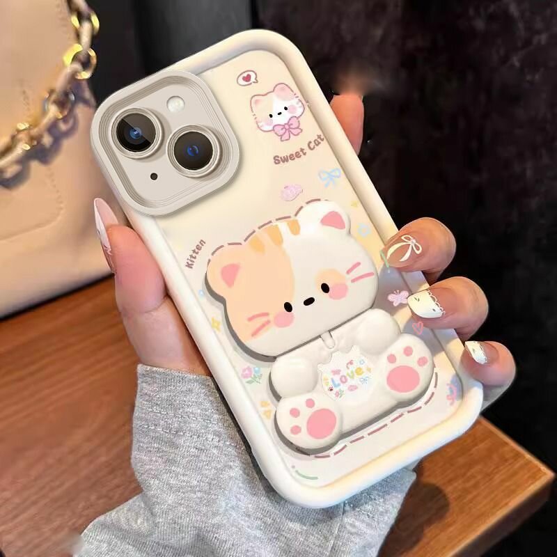 Чехол на iPhone 14 / Айфон 14 черный/белый объемный с опорой Мультфильмы с кронштейнами милые jtmmzj01 кейс для телефона с мультяшным принтом