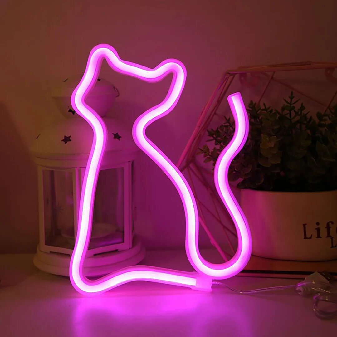 Неоновая лампа-кот розовый, USB/батарейка