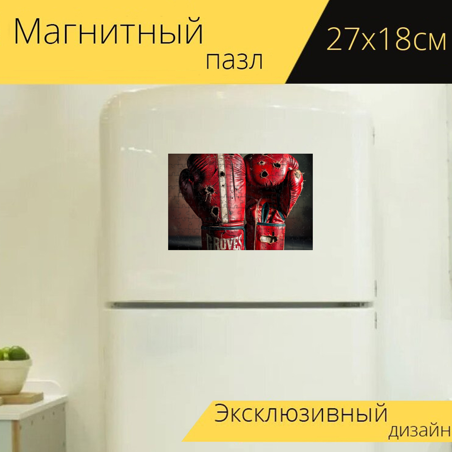 Магнитный пазл "Красные перчатки, дыры и царапины, фокус на текстуре, грубая эстетика, боевой дух, кинематографическое фото, атмосферный фон, суровая." на холодильник 27 x 18 см.
