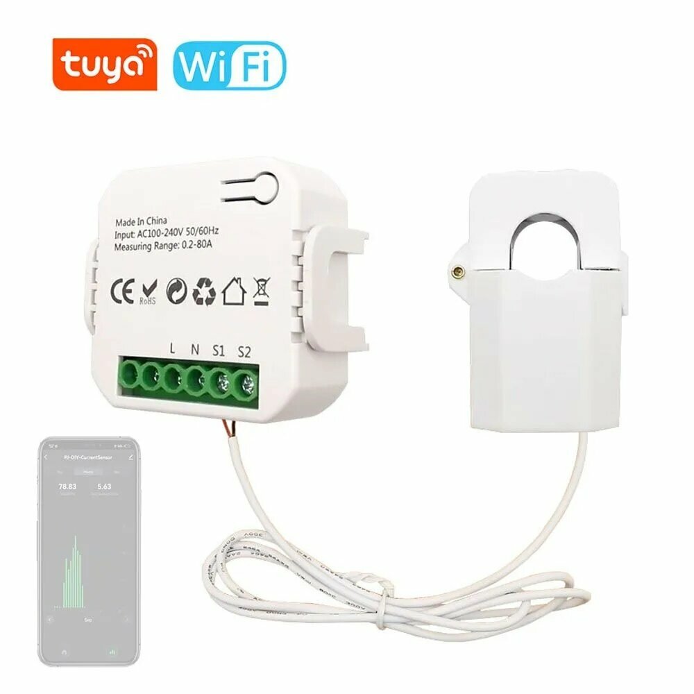 Tuya WiFi 80A Клещевой счетчик энергии Мобильный телефон Приложение Управление