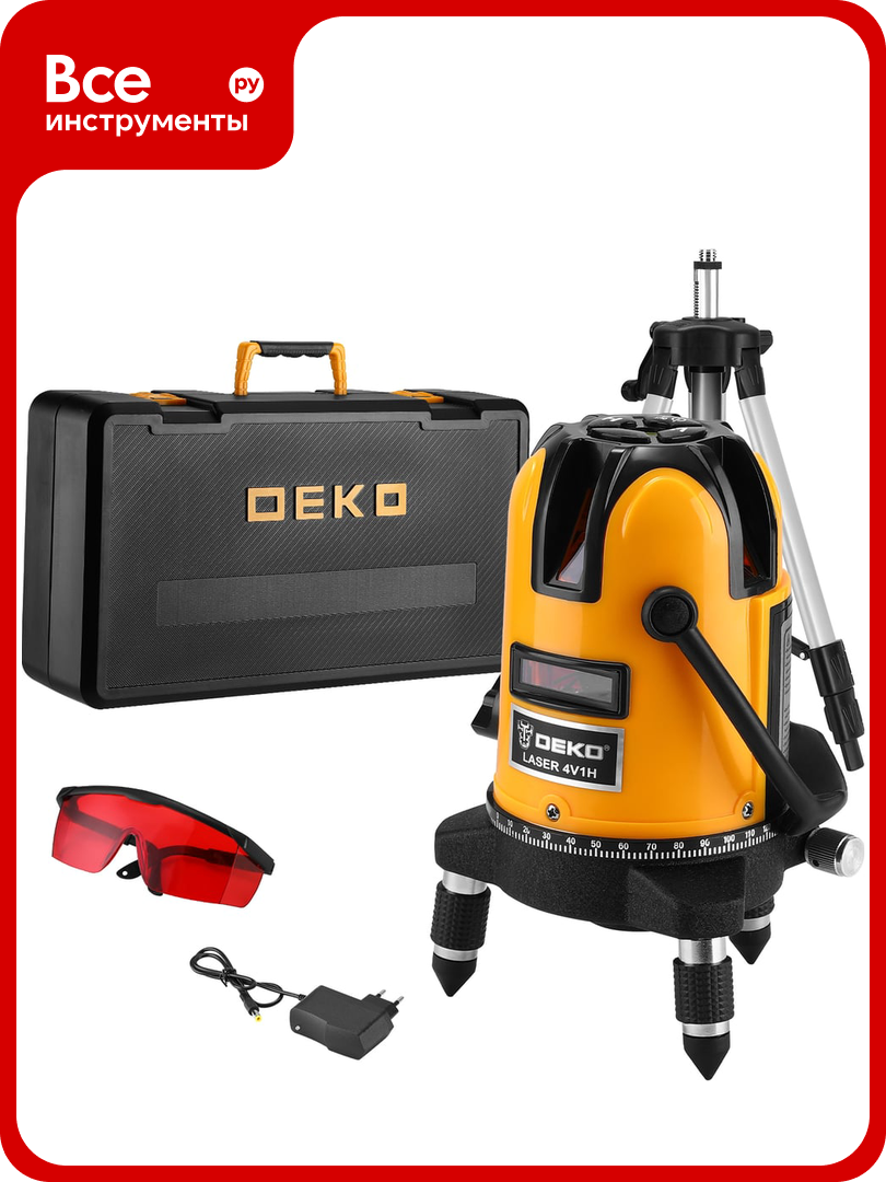 Лазерный самовыравнивающийся уровень DEKO в кейсе LL57 PRO SET 2 PREMIUM со штативом 1 м, 5 линий, красный луч 065-0104-1