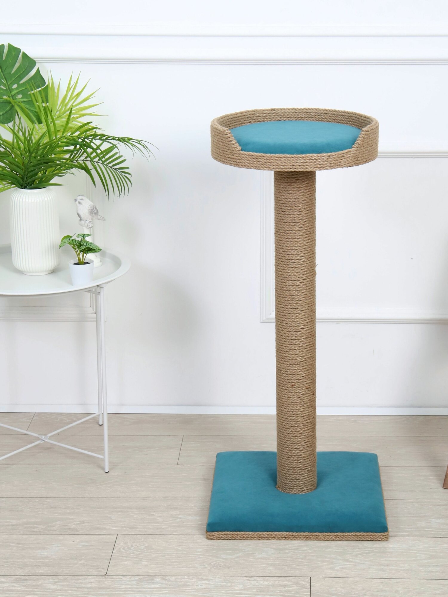 Когтеточка для кошек ИвПет/IvPet Столбик с лежанкой 93*40*36, Джут, микровелюр, ИвПетРум/IvPetRoom, бирюзовый