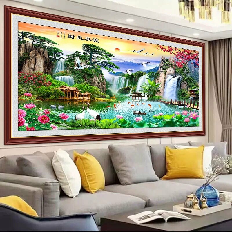 2025 Декоративная картина для стены за диваном, новая китайская стильная пейзажная живопись, текущая вода приносит богатство, самоклеящаяся обои-наклейка, мурал