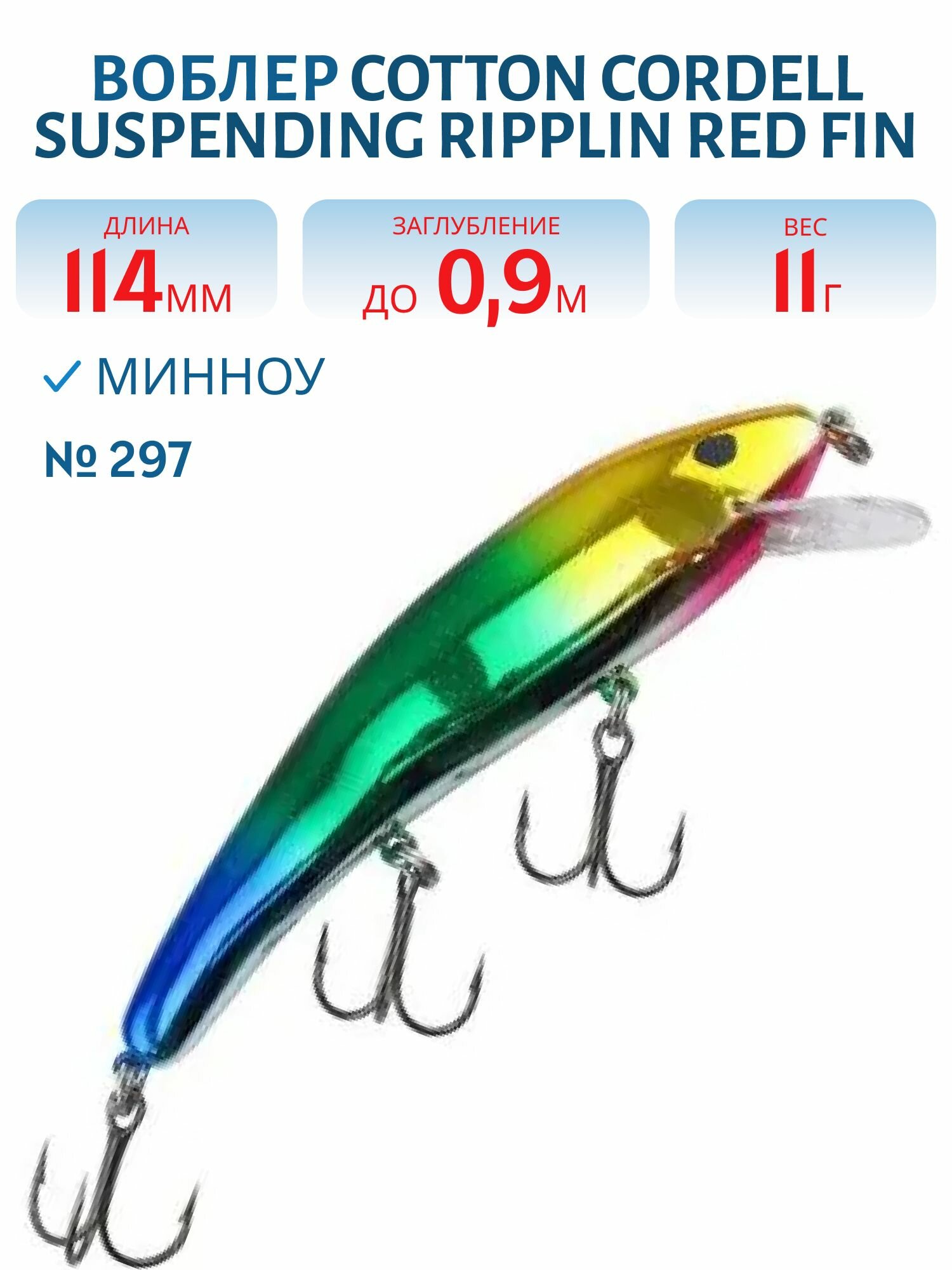 Воблер COTTON CORDELL Suspending Ripplin Red Fin CS85, цвет 297