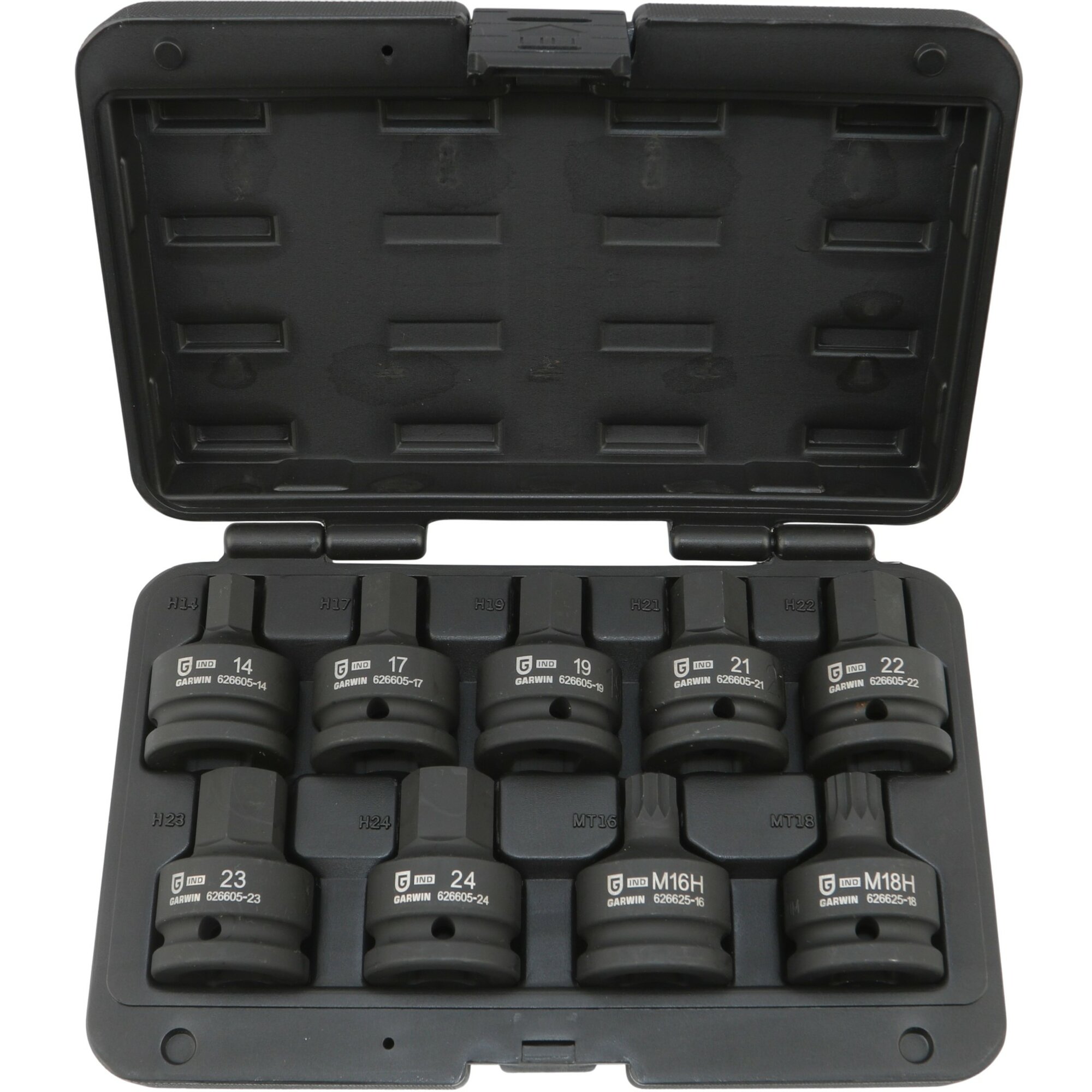 GARWIN INDUSTRIAL 626605-SET9 Набор ударных головок-бит 3/4" 9 пр. HEX 14-24 мм, SPLINE с отверстием 16,18 мм, 60мм