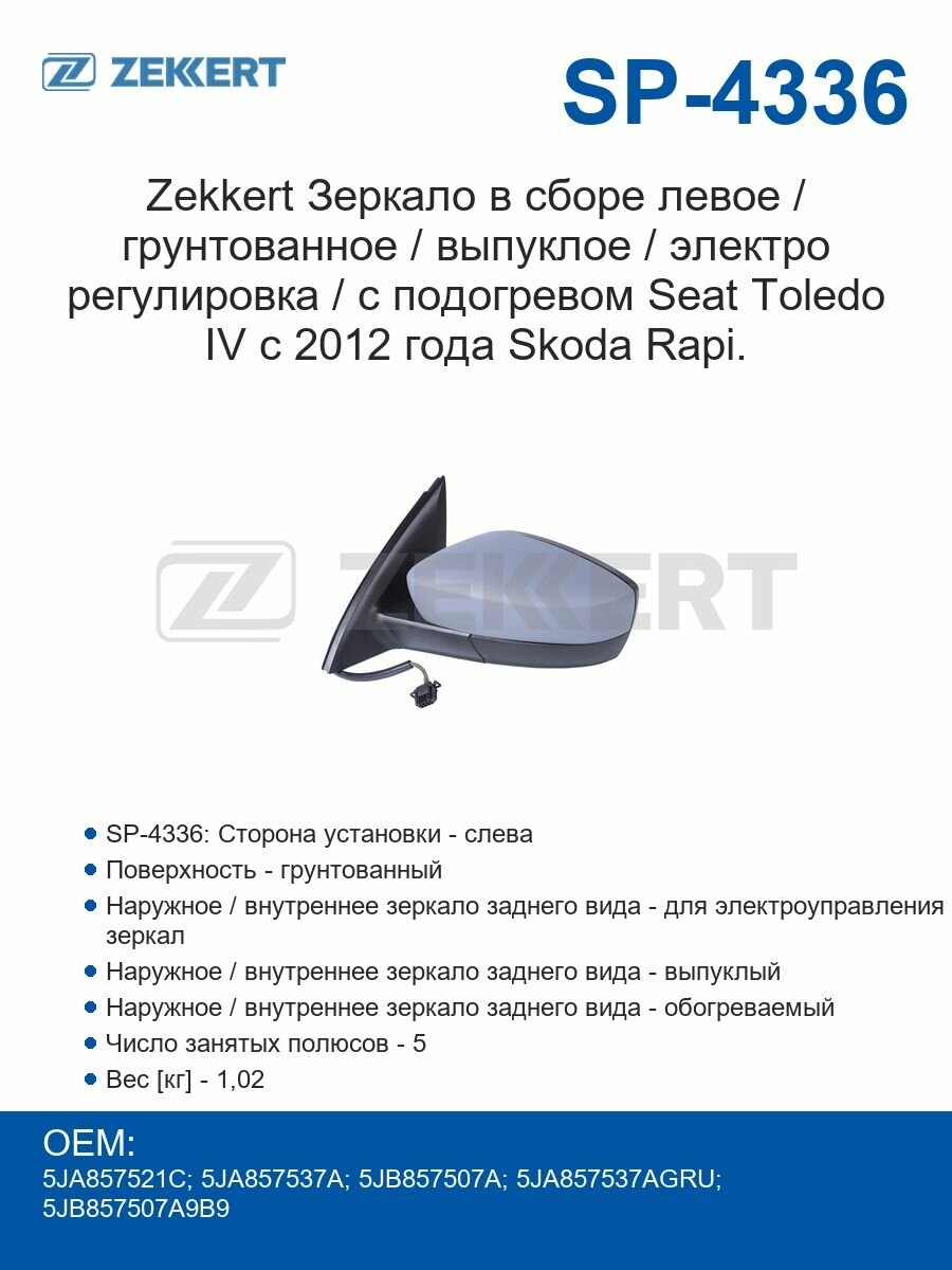 Zekkert Зеркало в сборе левое / грунтованное / выпуклое / эл регул / с подогр Seat Toledo IV с 2012 года Skoda Rapi.