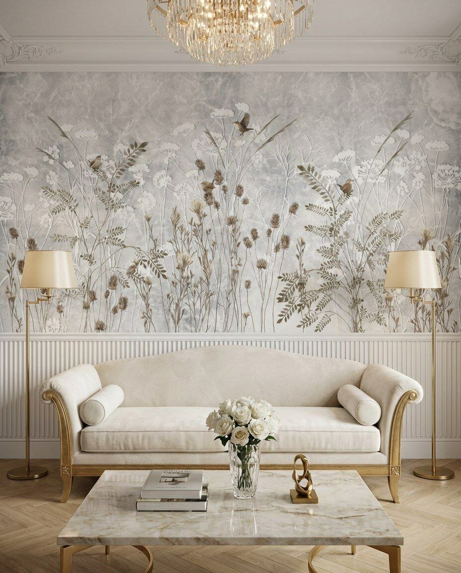 Фреска бесшовная "Птички крапивники" светло-серый №5 (ширина 2750мм х длина 6000мм)