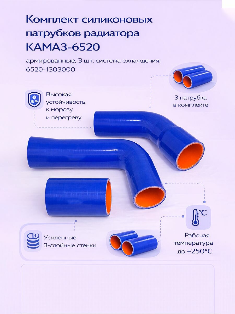 Комплект силиконовых патрубков радиатора КАМАЗ-6520, армированные, 3 шт, система охлаждения, 6520-1303000
