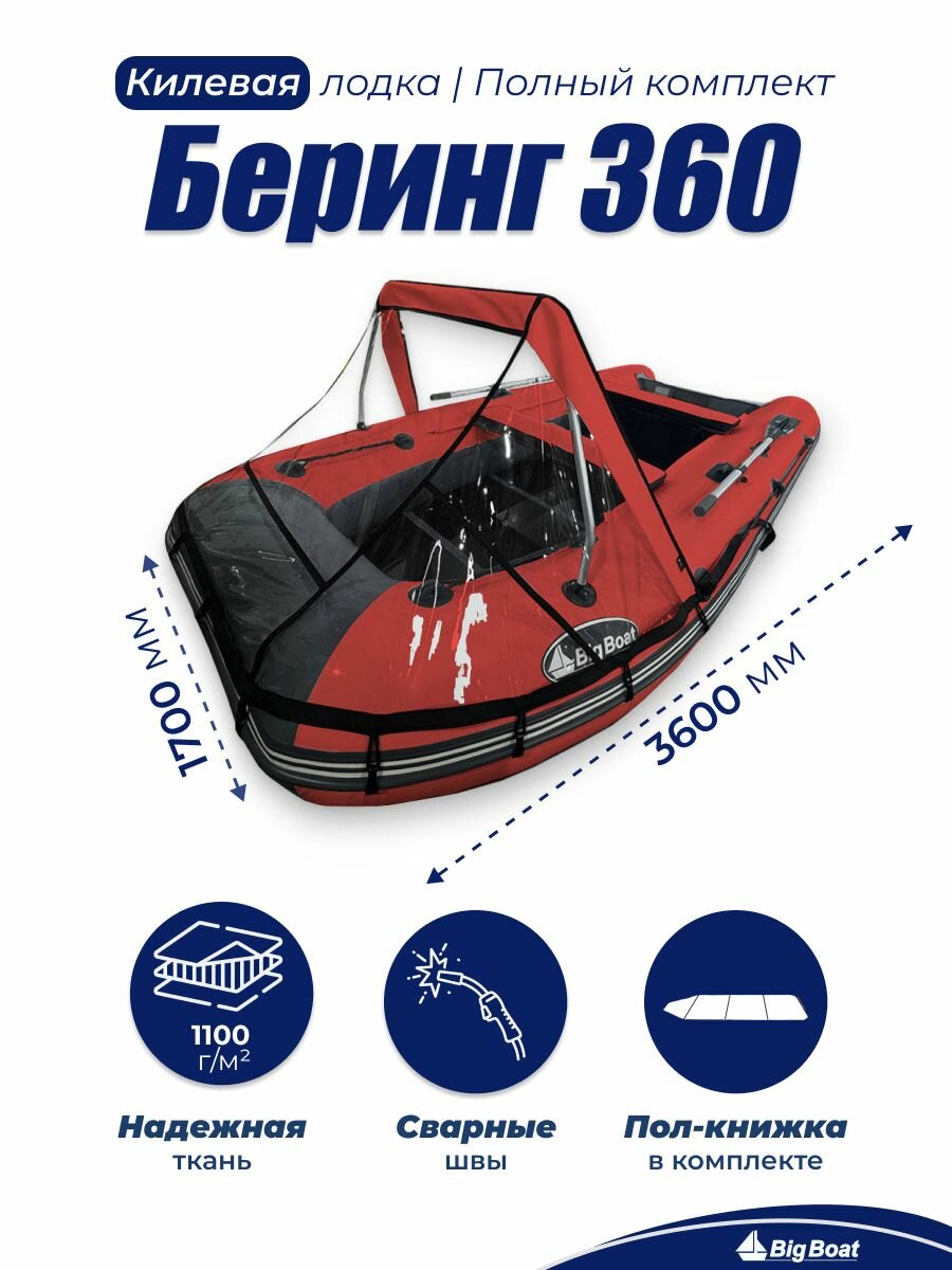 Надувная, под мотор, килевая лодка в полной комплектации (носовой тент, мягкие накладки) из ПВХ для рыбалки Bering (Беринг) 360к, пол-книжка