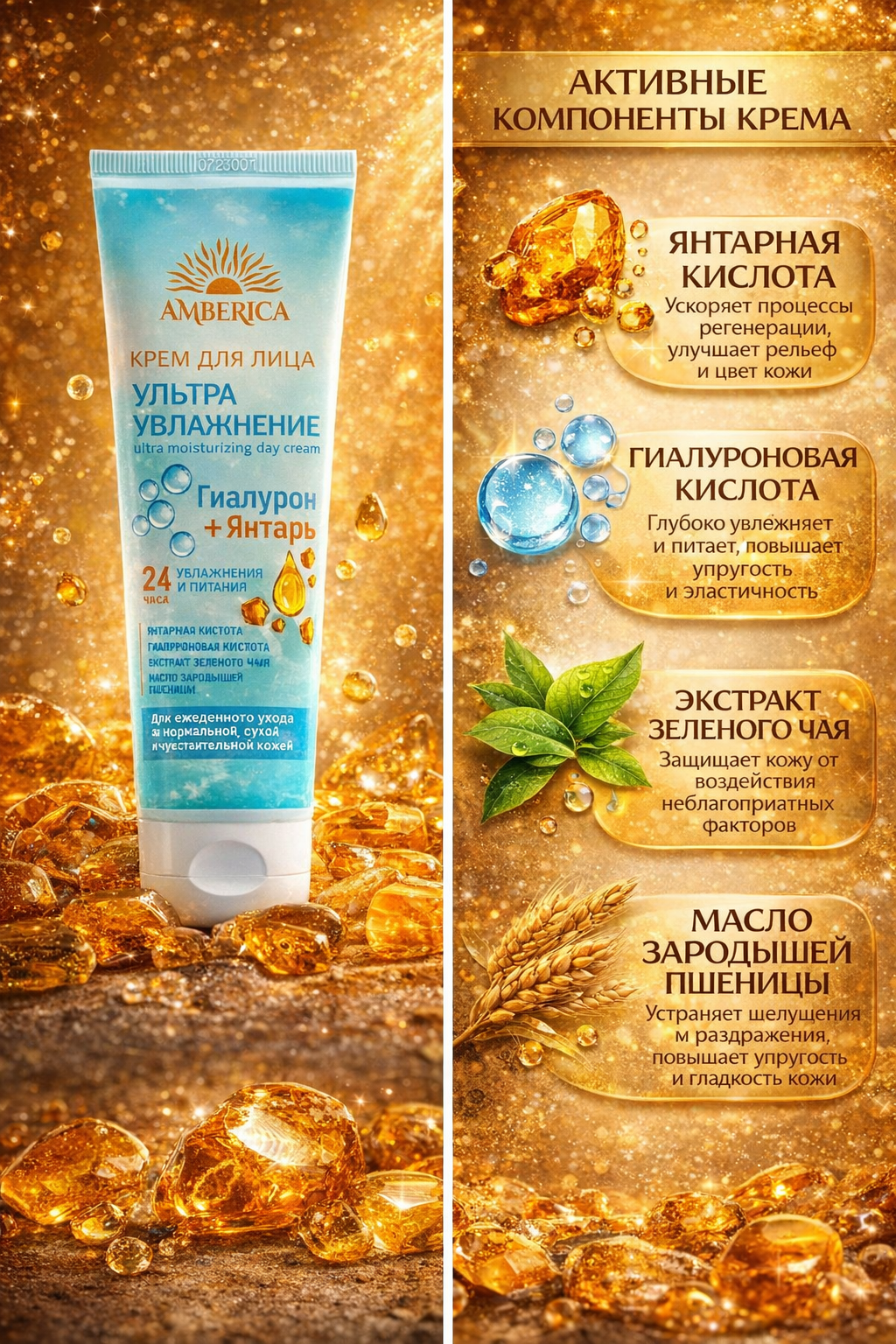 Крем для лица Ультра Увлажнение Гиалурон+янтарь Амберика 90 мл