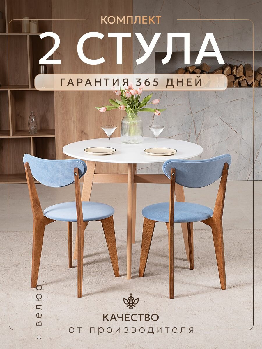 Стулья для кухни, комплект 2шт, велюр, дерево/фанера, антивандальные, мягкие, Голубой