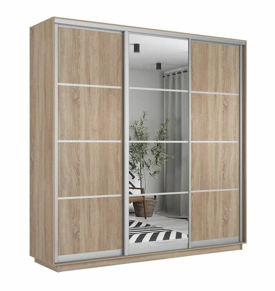 Шкаф-купе Флорида 3дв. (2 ЛДСП/Зеркало) профиль серебро, 180х60х220 см. Сонома