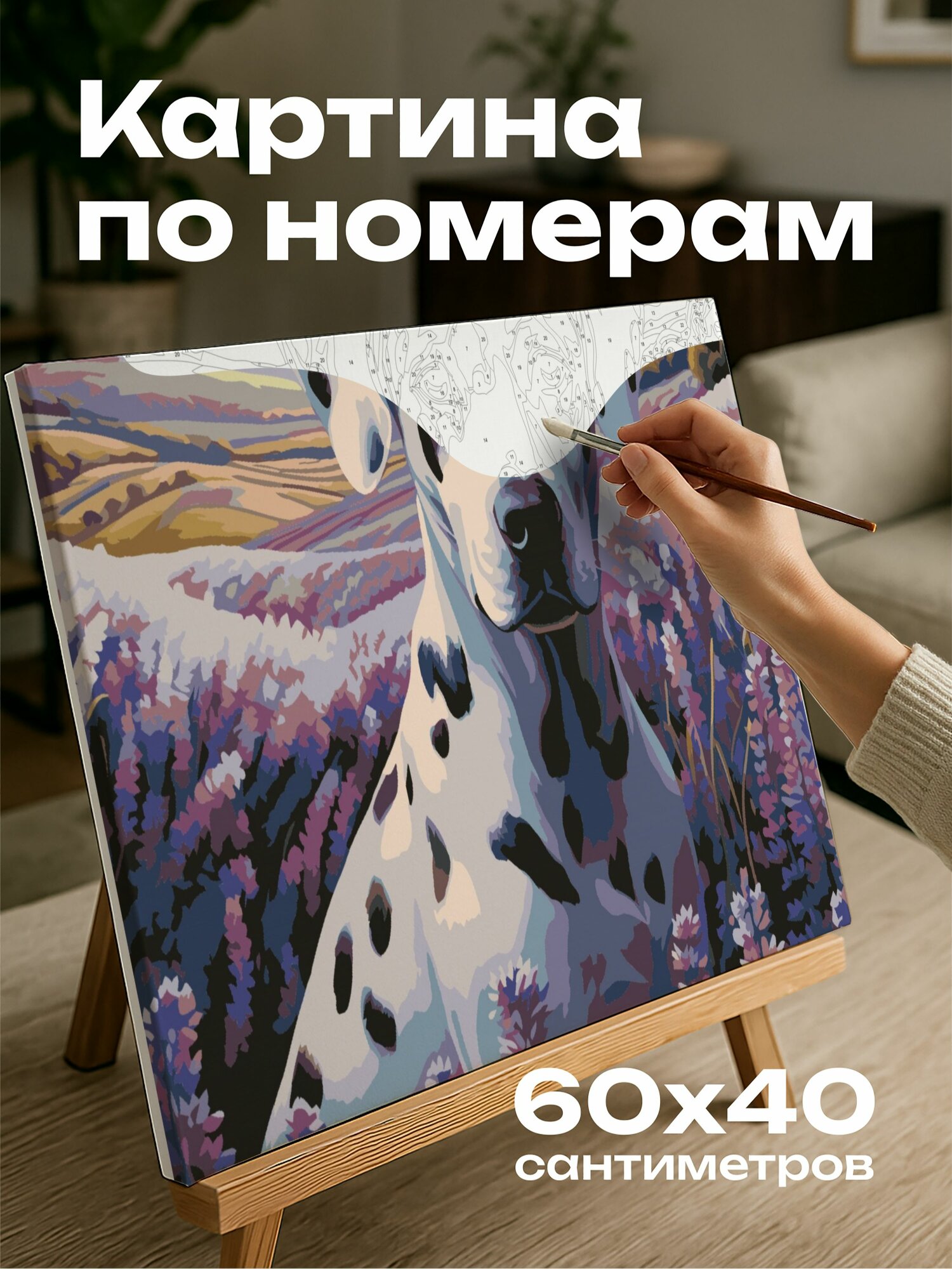 Картина по номерам 60x40 см, далматин, фотография, поле, лаванда, фиолетовые оттенки, контраст, черно-белая шерсть