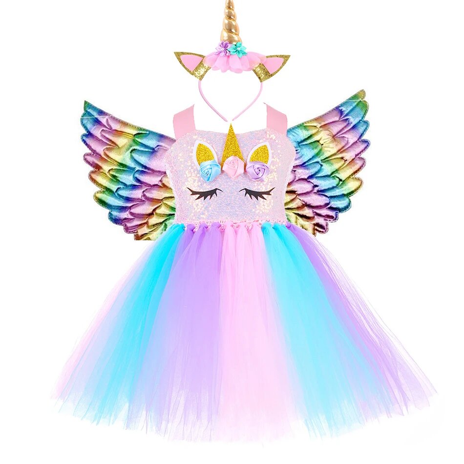Платье принцессы с единорогом для девочек, блестящая детская мультяшная одежда со светодиодными светящимися крыльями, повязка на голову, костюм для сцены, Хэллоуина