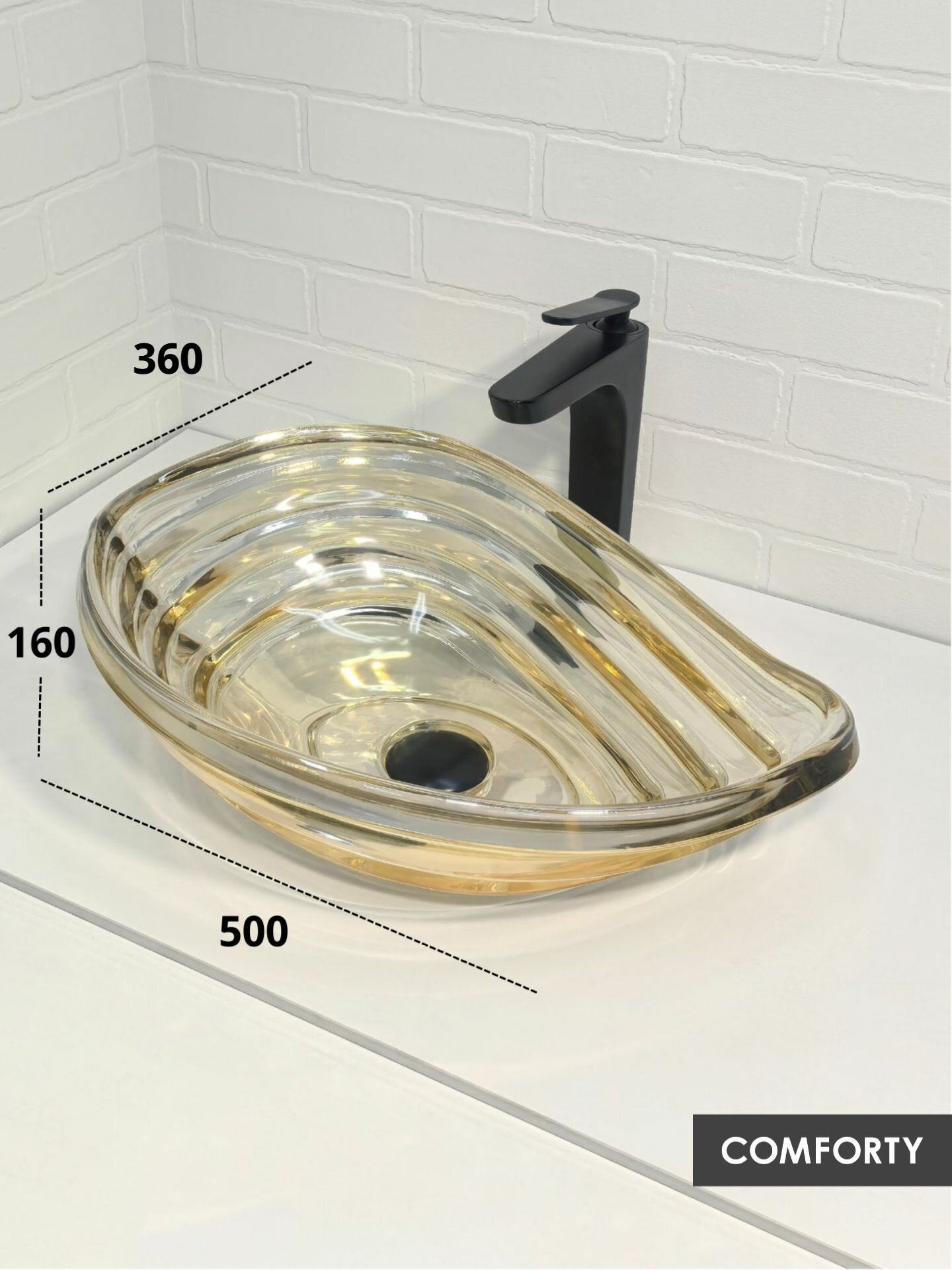 Раковина стеклянная золотая прозрачная 50 см для ванной, накладная, Comforty CF1G68