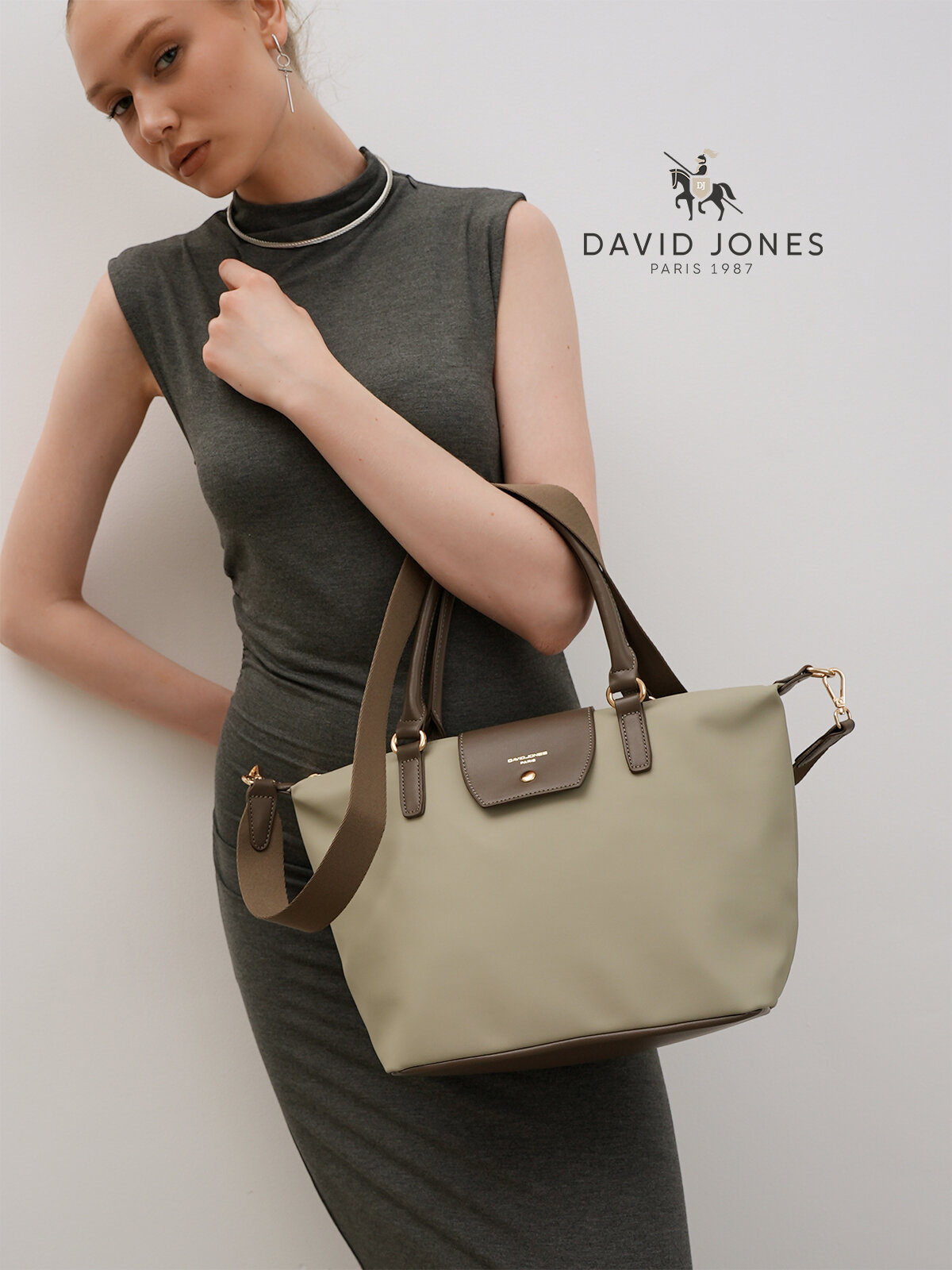 Сумка тоут DAVID JONES, фактура гладкая, зеленый, бежевый — фото 1