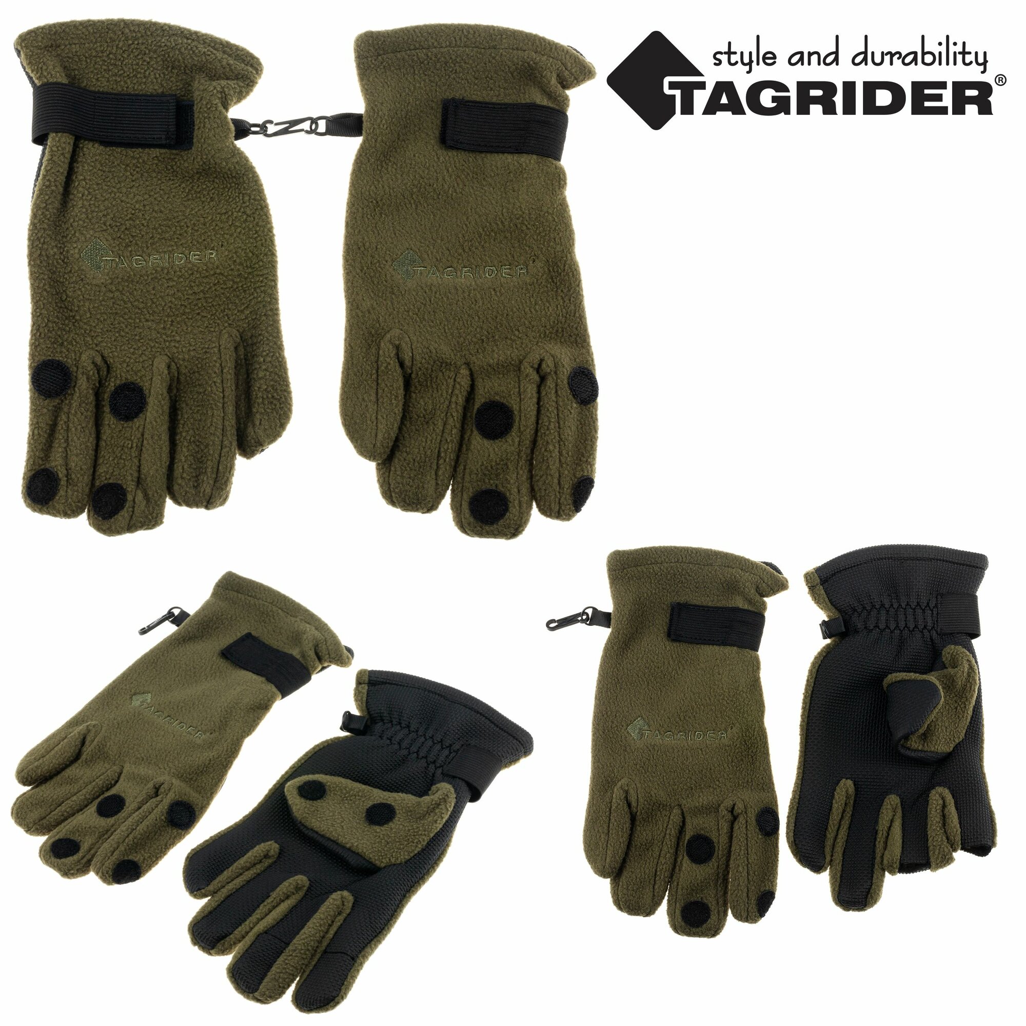 Перчатки для зимней рыбалки и охоты Tagrider 095-6 неопрен. флис 3 откидных пальца L хаки