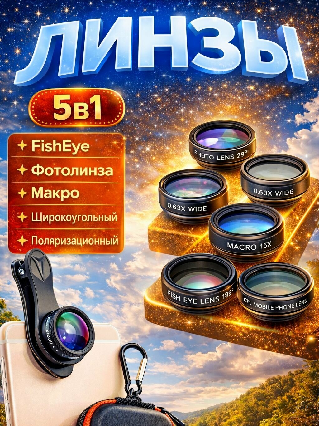 Объективы на смартфон 5в1 (FishEye/Фотолинза/Макро/Ширик/Поляризационный светофильтры)