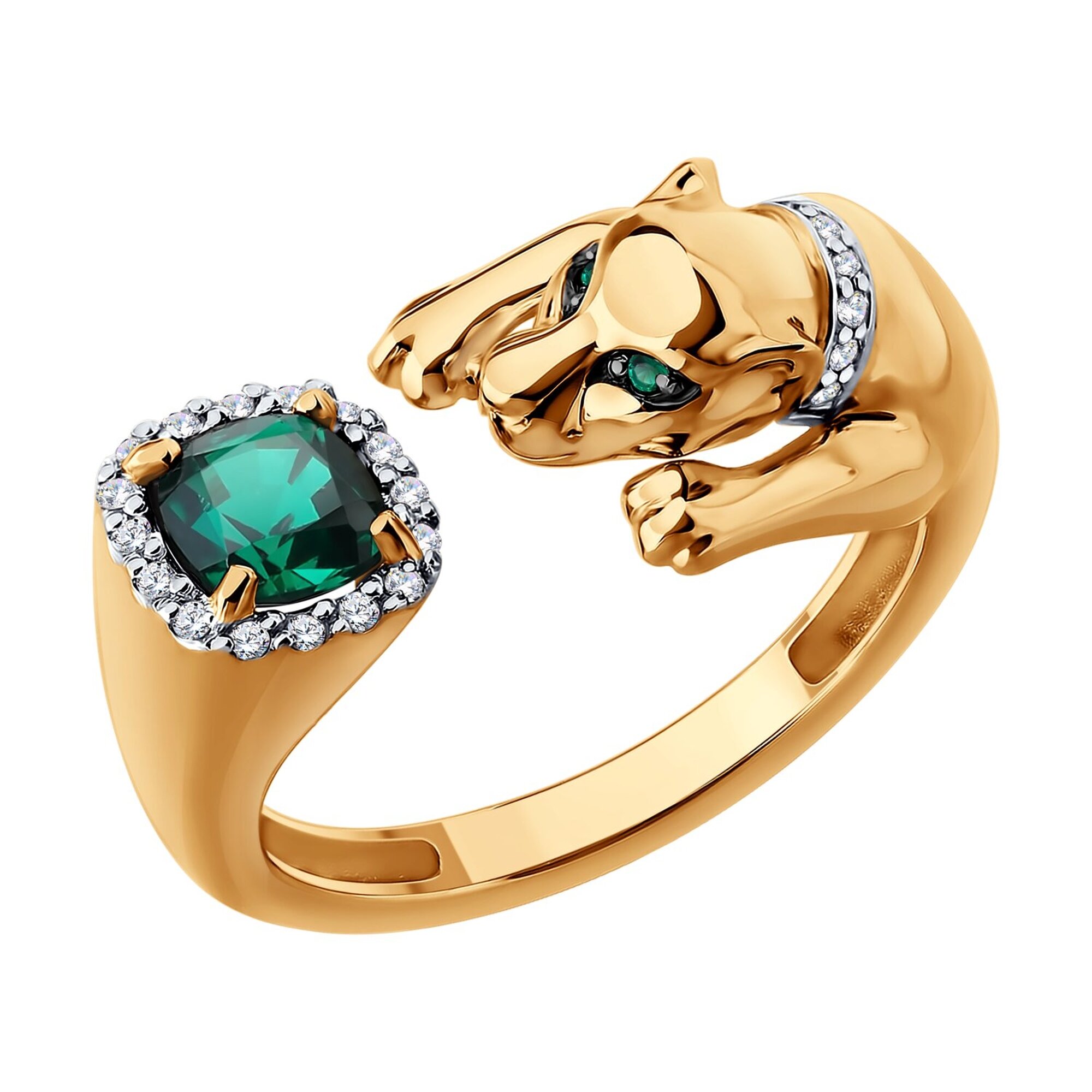 Кольцо, красное золото, 585 проба, изумруд синтетический, бриллиант