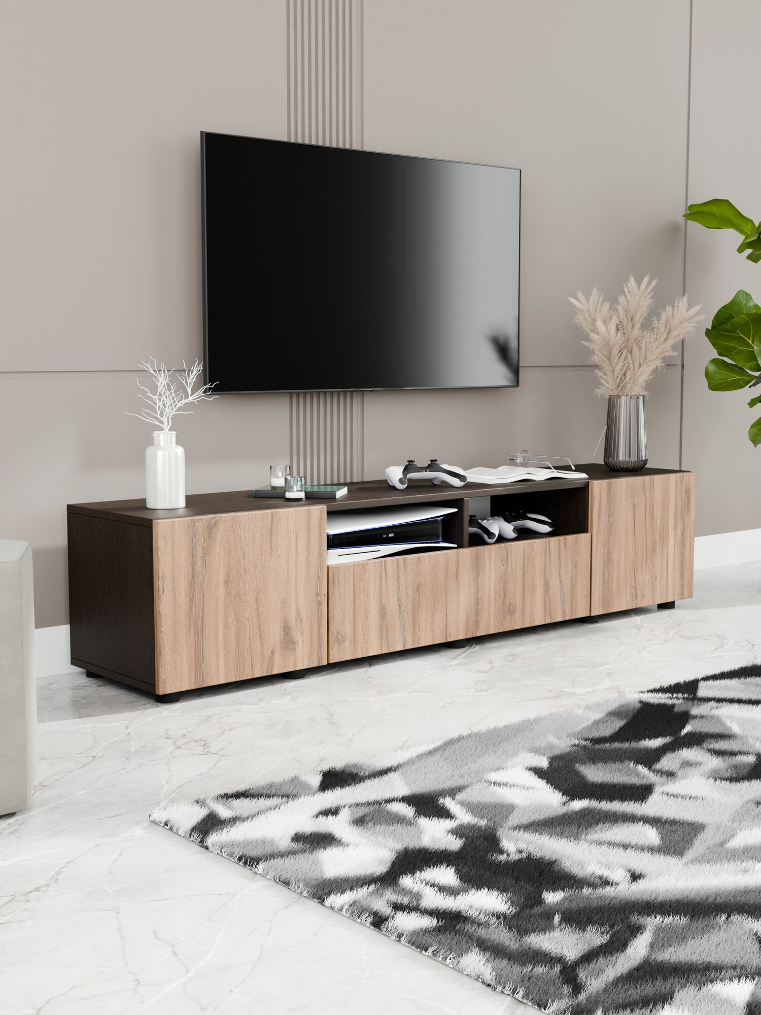 Тумба под телевизор горизонт 160х37.8х36.3 см, венге/ дуб крафт табачный