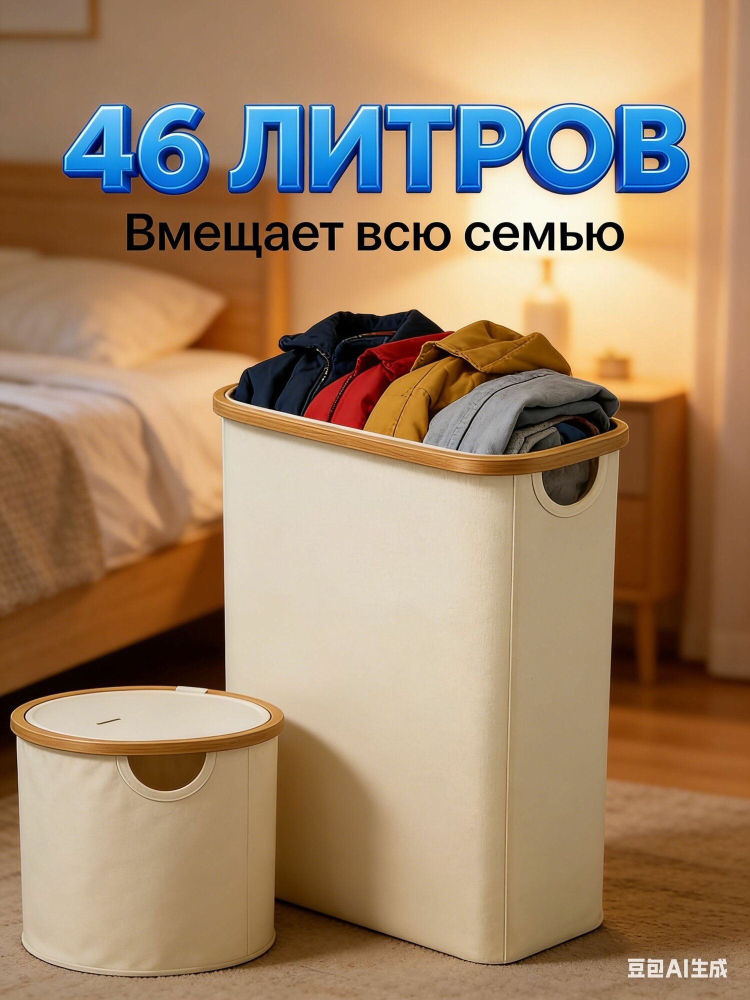 Узкая корзина для белья 46л (ширина 15см) для маленькой ванной и тесных пространств, вместительная, с крышкой, для прихожей или балкона, экономия места