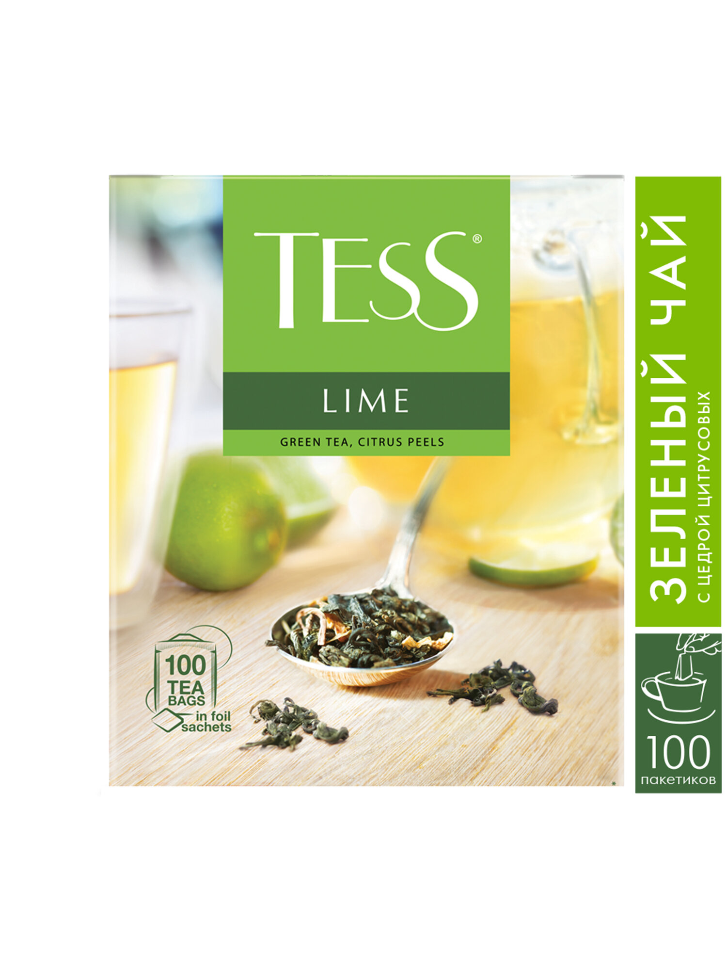 Чай зеленый Tess Lime в пакетиках, с цедрой цитрусовых, 100 пак.
