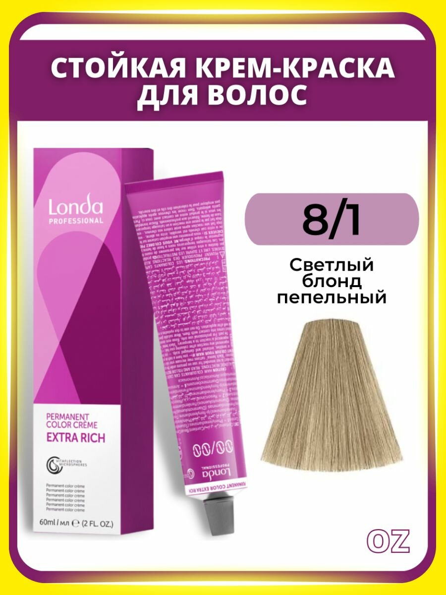 Londa Professional стойкая краска для волос 8/1 светлый блонд пепельный , 60 мл/ Лонда Профессионал профессиональная крем-краска для волос