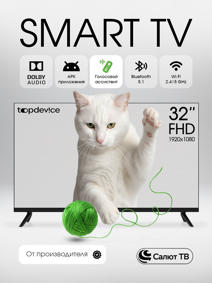 Телевизор Topdevice TV 32″, Full HD, VA матрица, смарт Салют ТВ, Wi-Fi, Bluetooth 5.1, черный (TDHTV32SFD_BK)