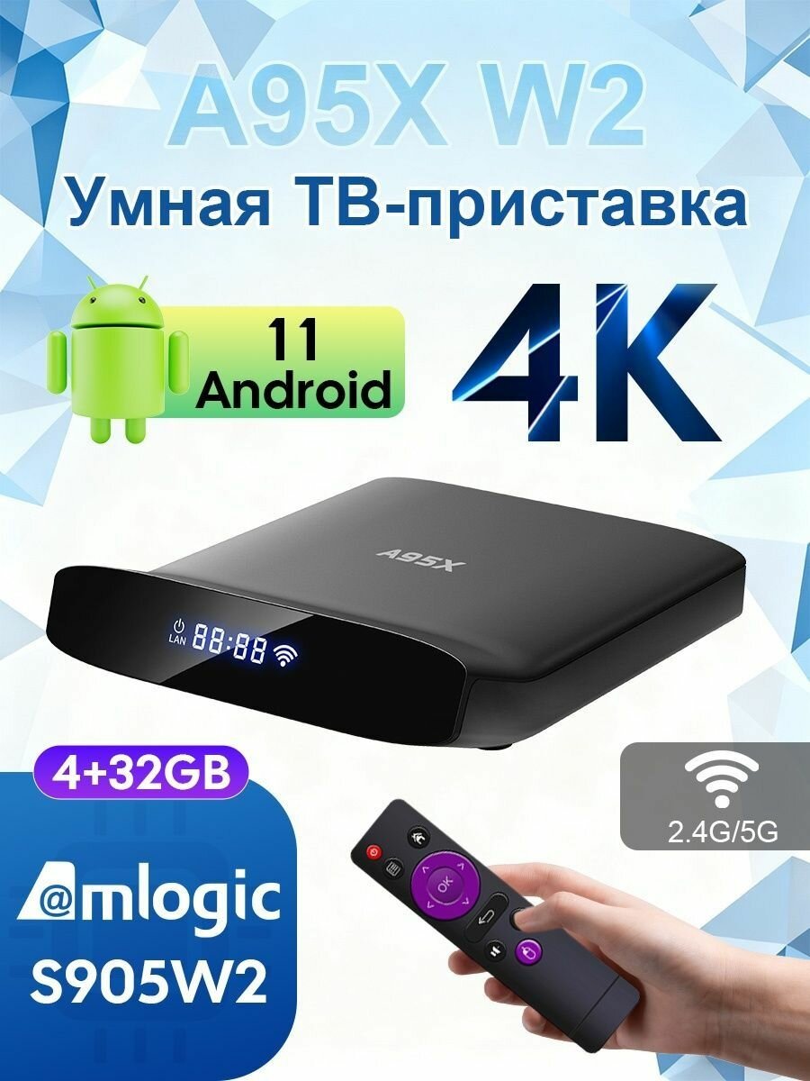 Mедиаплеер телеприставка A95X W2 Android 11 Smart TV Box 4 ГБ 32 ГБ Amlogic S905W2 2.4G и 5G двойной Wi-Fi 4K BT5.0-Караоке-система-