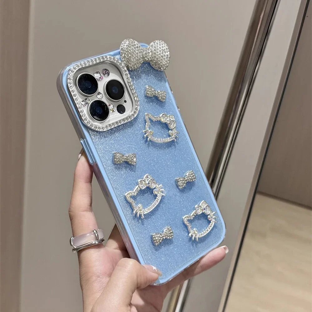 MINISO Блестящий 3D-чехол для телефона с милым мультяшным бантиком Hello Kitty от Sanrio, совместимый с iPhone 17/16/15/14/13/12/11 Pro Max, задняя крышка конфетного цвета, Материал: Для iPhone 14