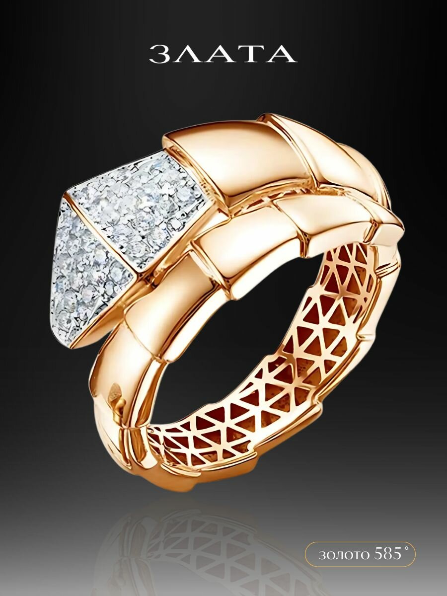 Кольцо широкое, красное золото, 585 проба, родирование, фианит