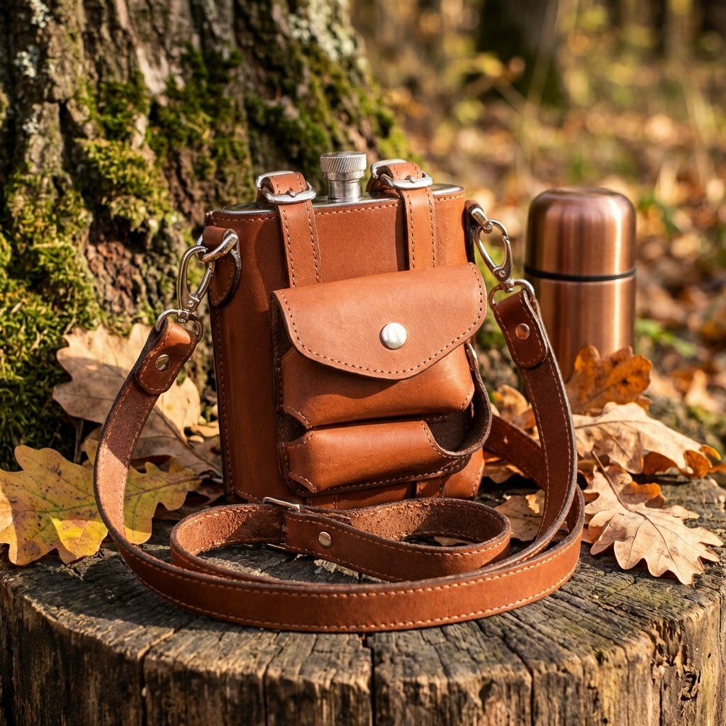 Фляга походная 0,5 л в чехле из натуральной кожи с карманами для пачки сигарет и зажигалки 506ФК